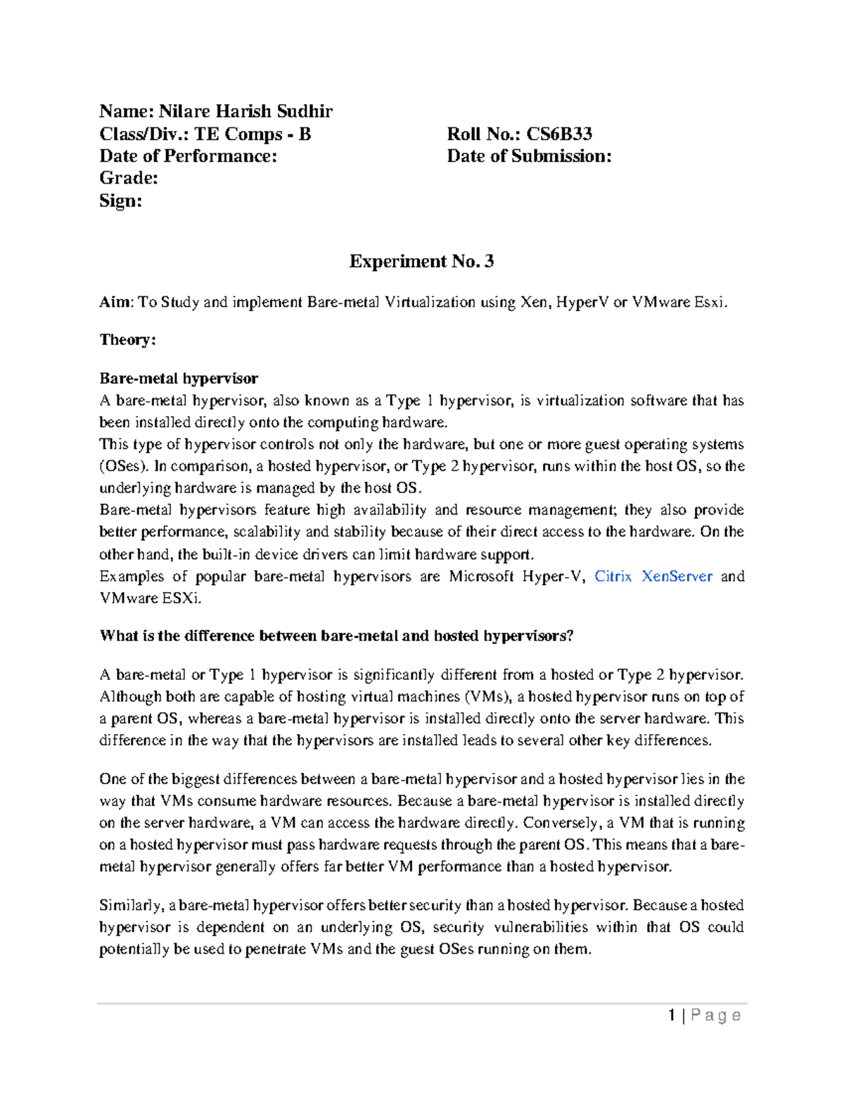 Cloud Computing Lab Report: Experiment 03 - Bare Metal Hypervisor Study ...