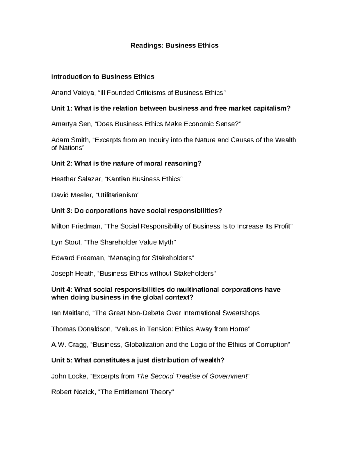 Bus Ethics Readings: Intro to Business Ethics & Key Concepts - Studocu