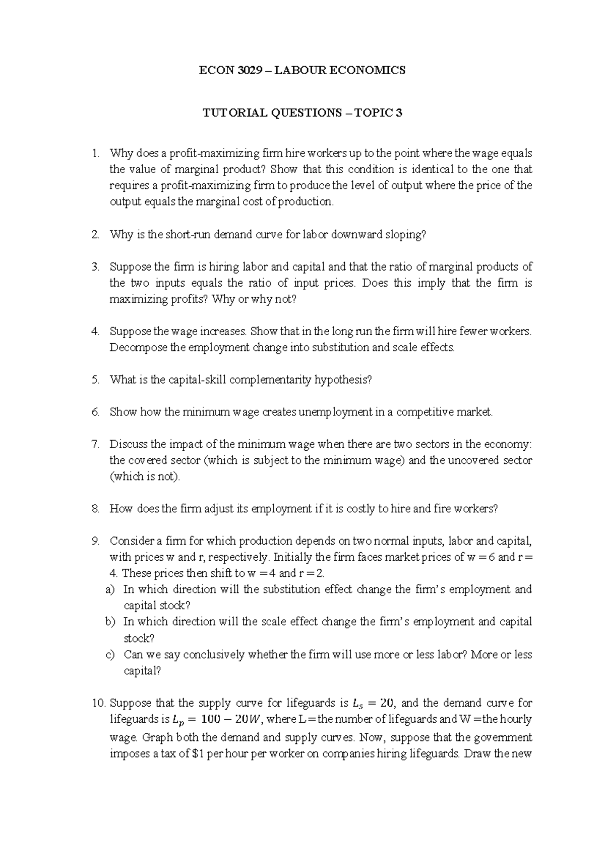 ECON 3029 - Tutorial Questions on Labour Demand and Employment Dynamics ...