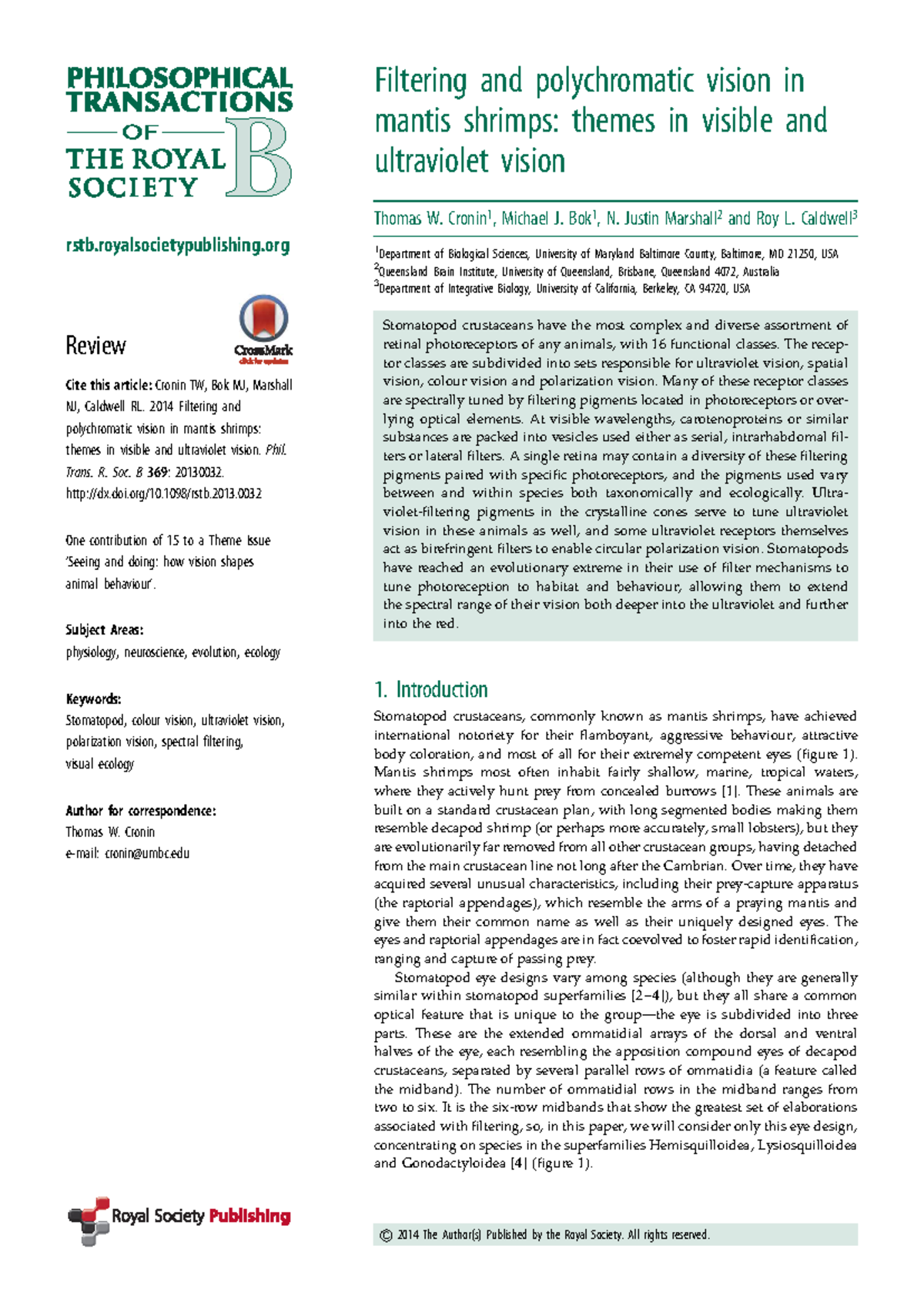 Filtering and Polychromatic Vision in Mantis Shrimps (Stomatopoda ...
