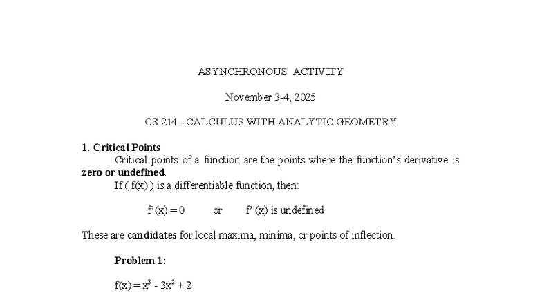 CS 214 Asynchronous Activity: Critical Points & Extrema Analysis - Studocu