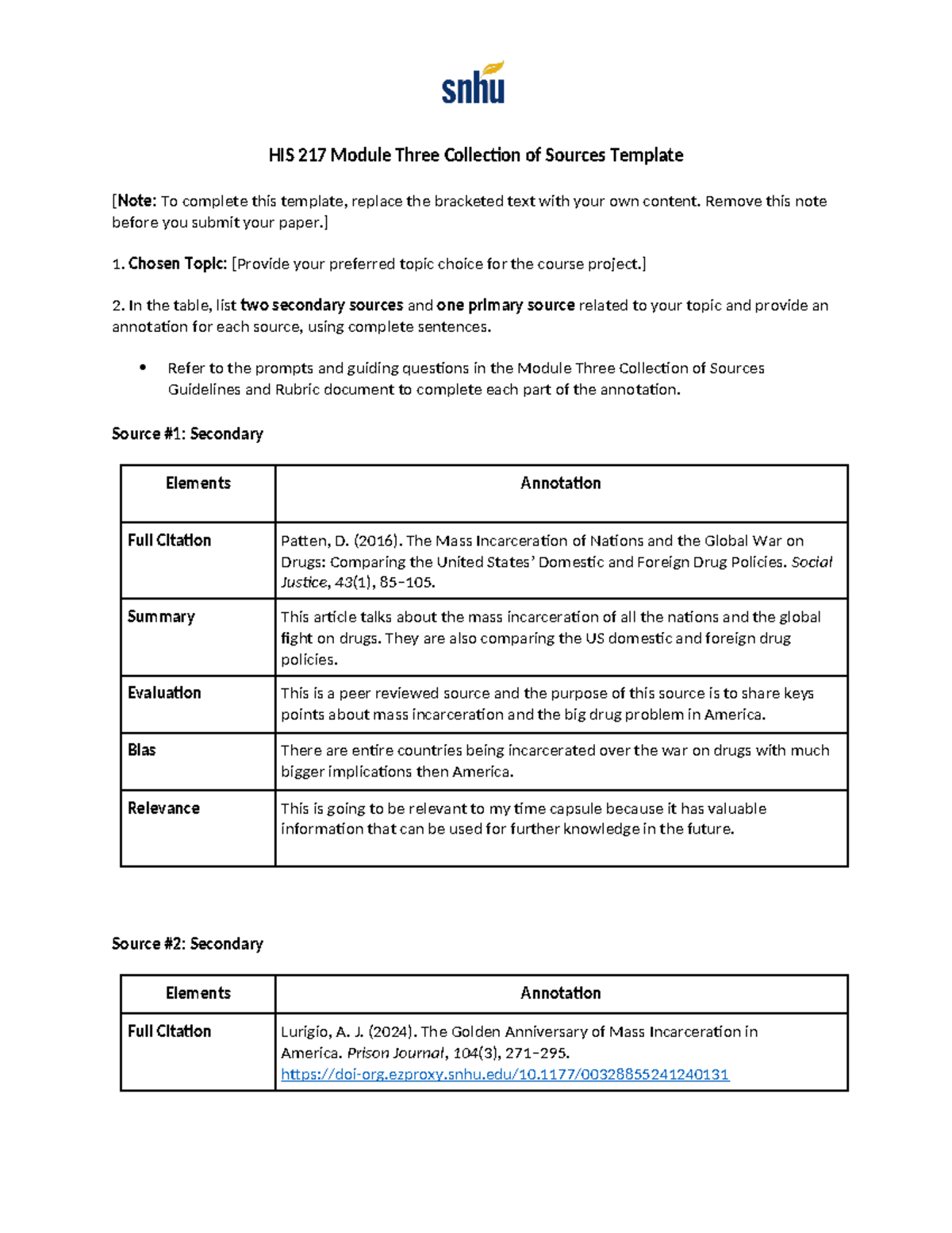 HIS 217 Module Three Source Collection Template and Annotations Guide ...