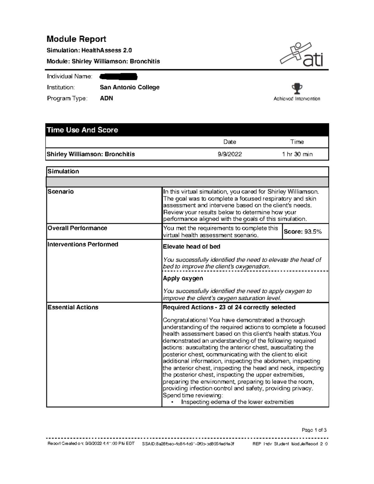ATI Health Assess. Shirley Williamson. Bronchitis - Module Report Achieved Intervention ...