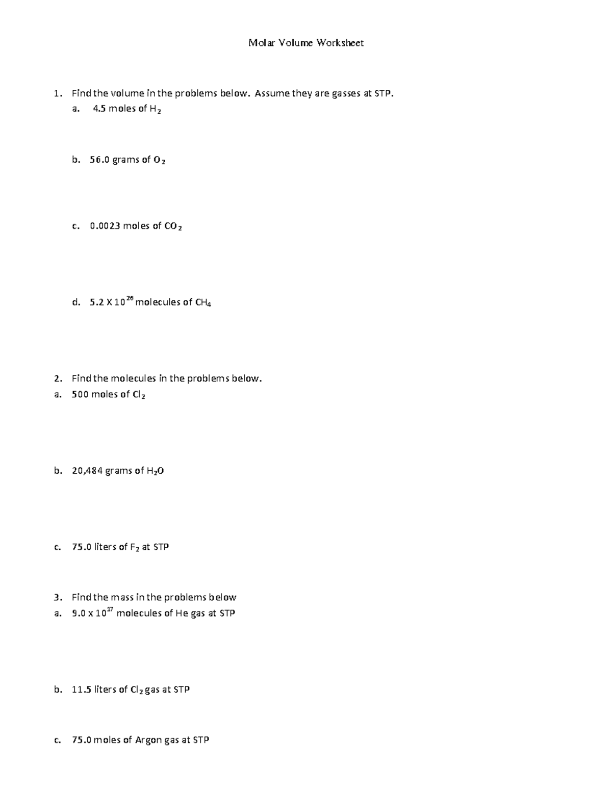 Molar Volume Worksheet: STP Calculations for Gases and Molecules - Studocu