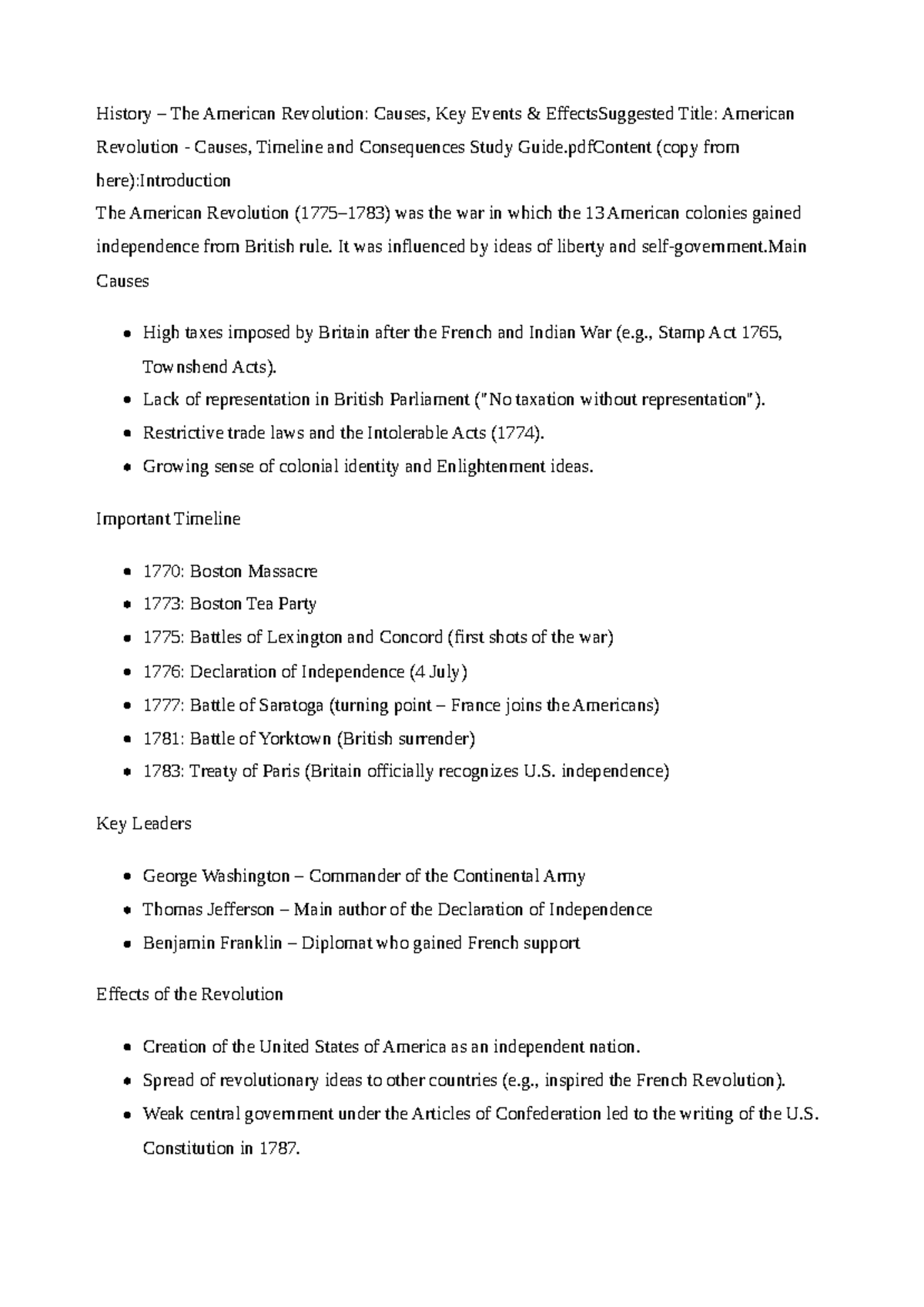 HIST 101: American Revolution Causes, Events, and Effects Study Guide ...