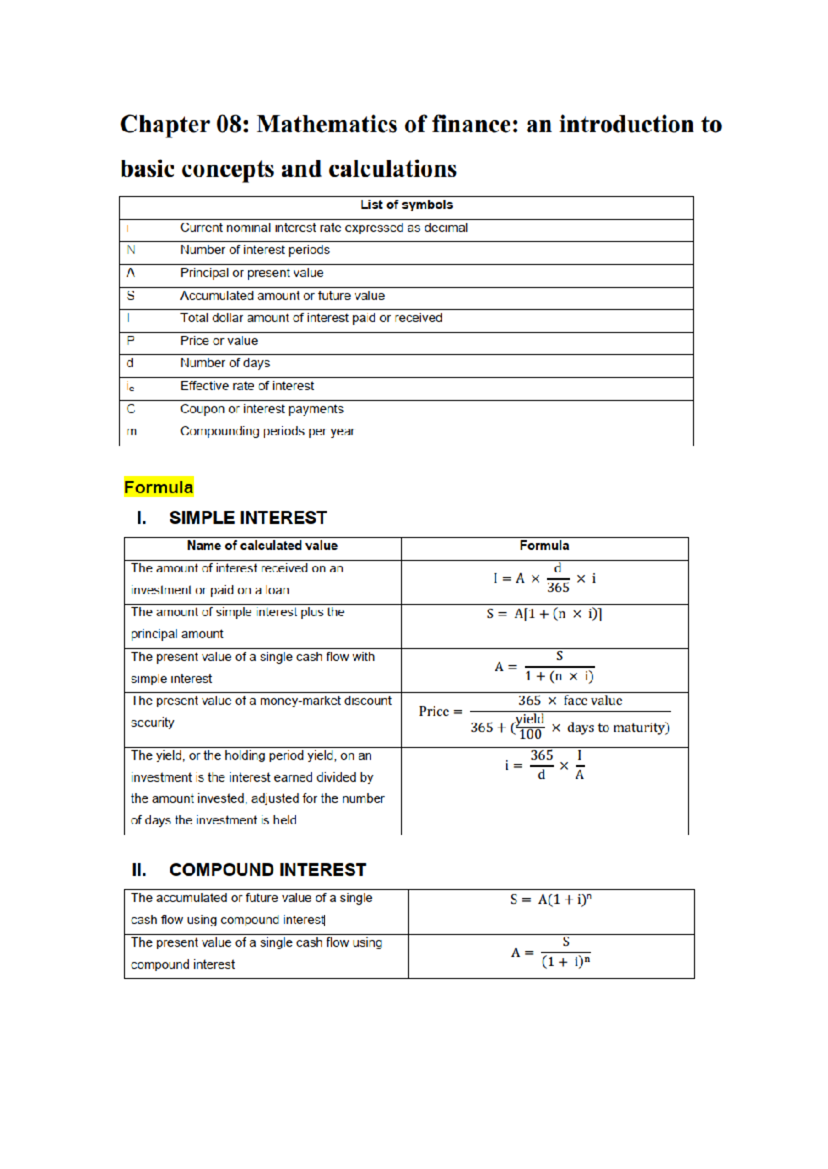 FIM 08: Mathematics of Finance - Key Concepts & Formulas Summary - Studocu