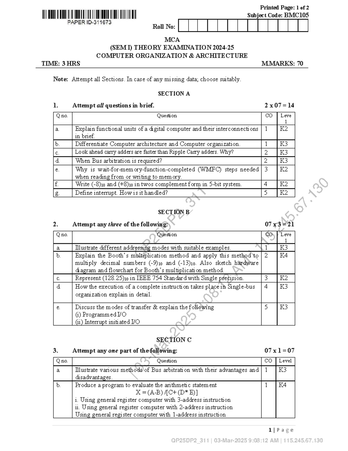 BMC105 - MCA SEM I Computer Organization Theory Exam Paper - Studocu