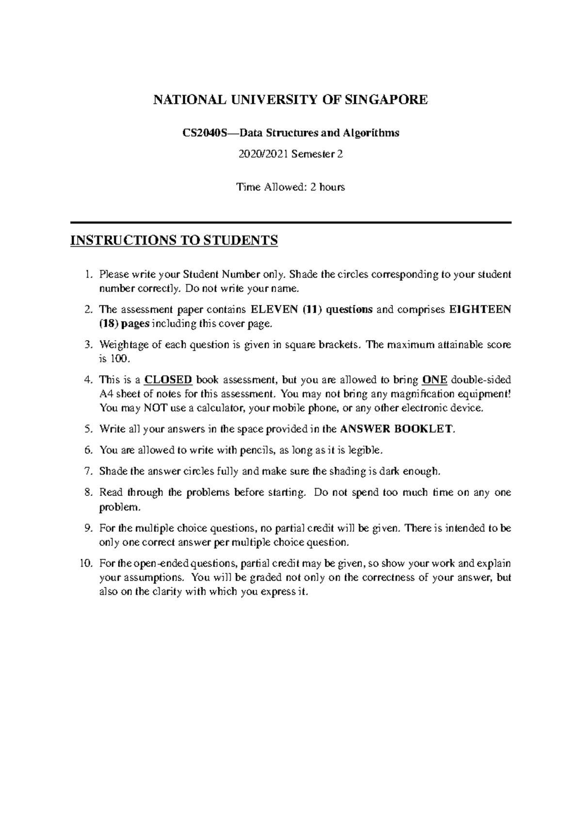 CS2040S 2021 Semester 2 Final Assessment Instructions and Questions - Studocu