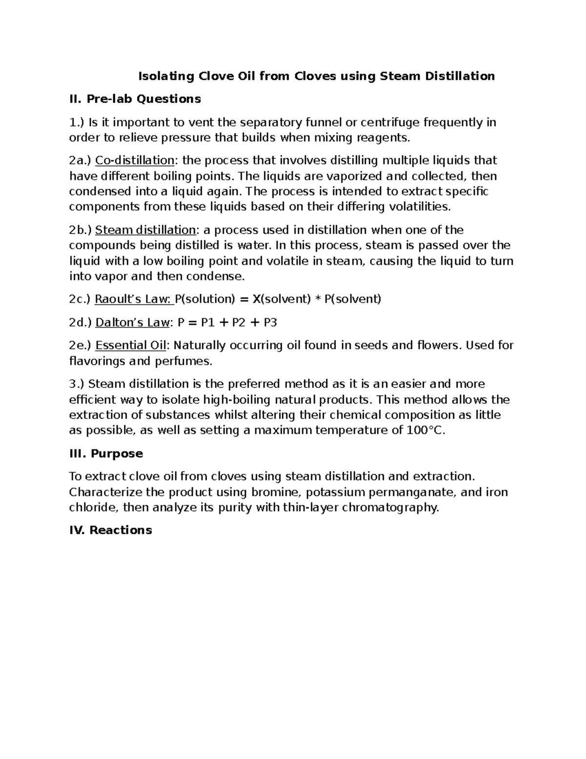 Clove Oil Extraction via Steam Distillation II - Prelab Notes - Studocu