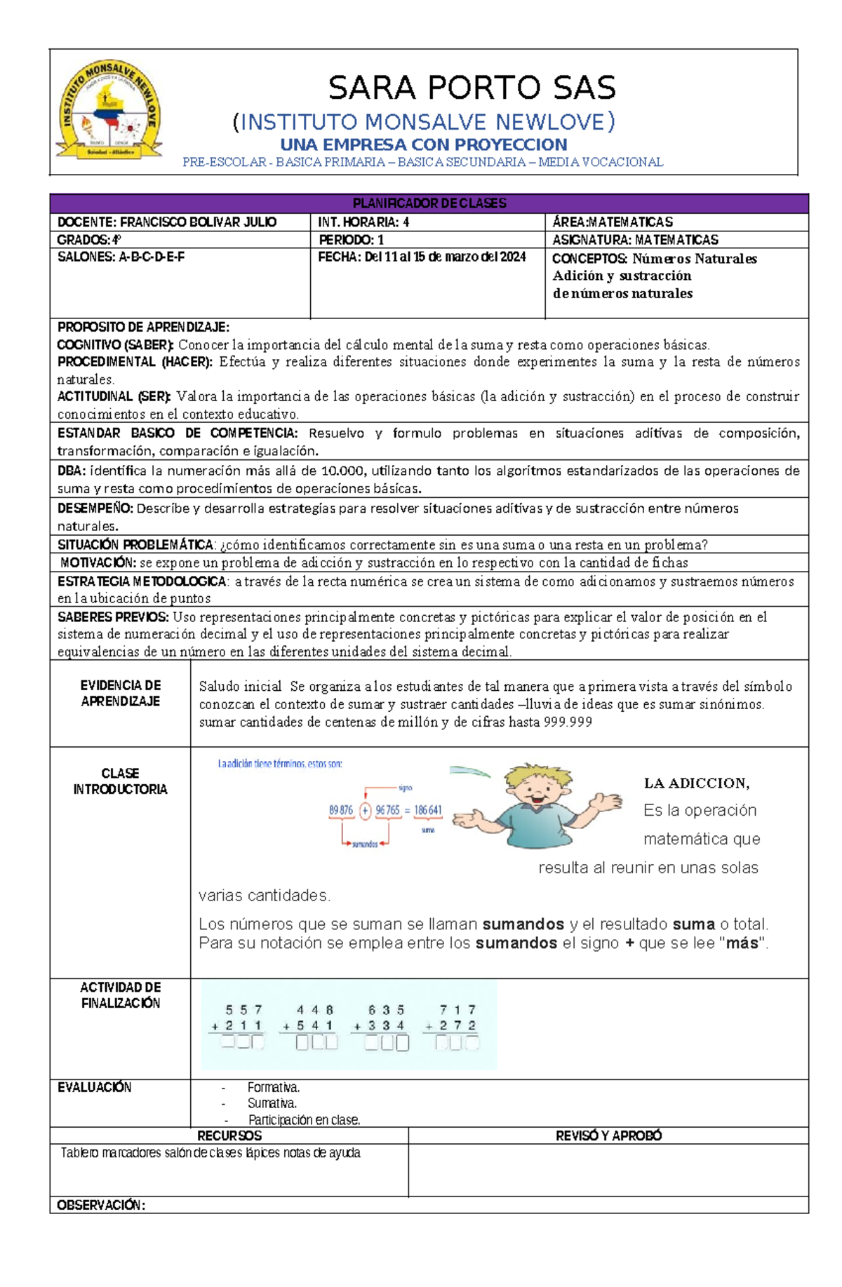 4º Matemáticas: Adición y Sustracción - Clase Planificada S5 P1 - Studocu