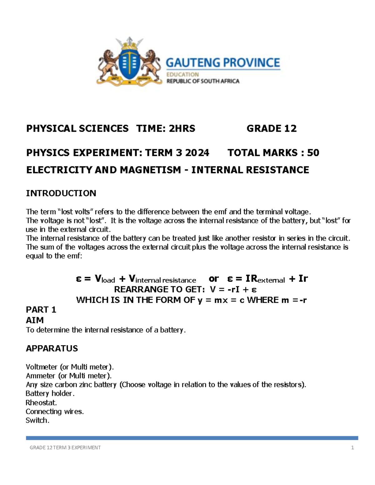 Term 3 Physics Exp: Internal Resistance of a Battery (Grade 12) - Studocu