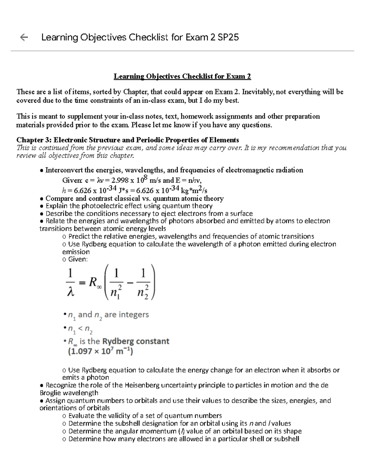 Learning Objectives Checklist for Exam 2 CHM 101 SP25 - Learning ...