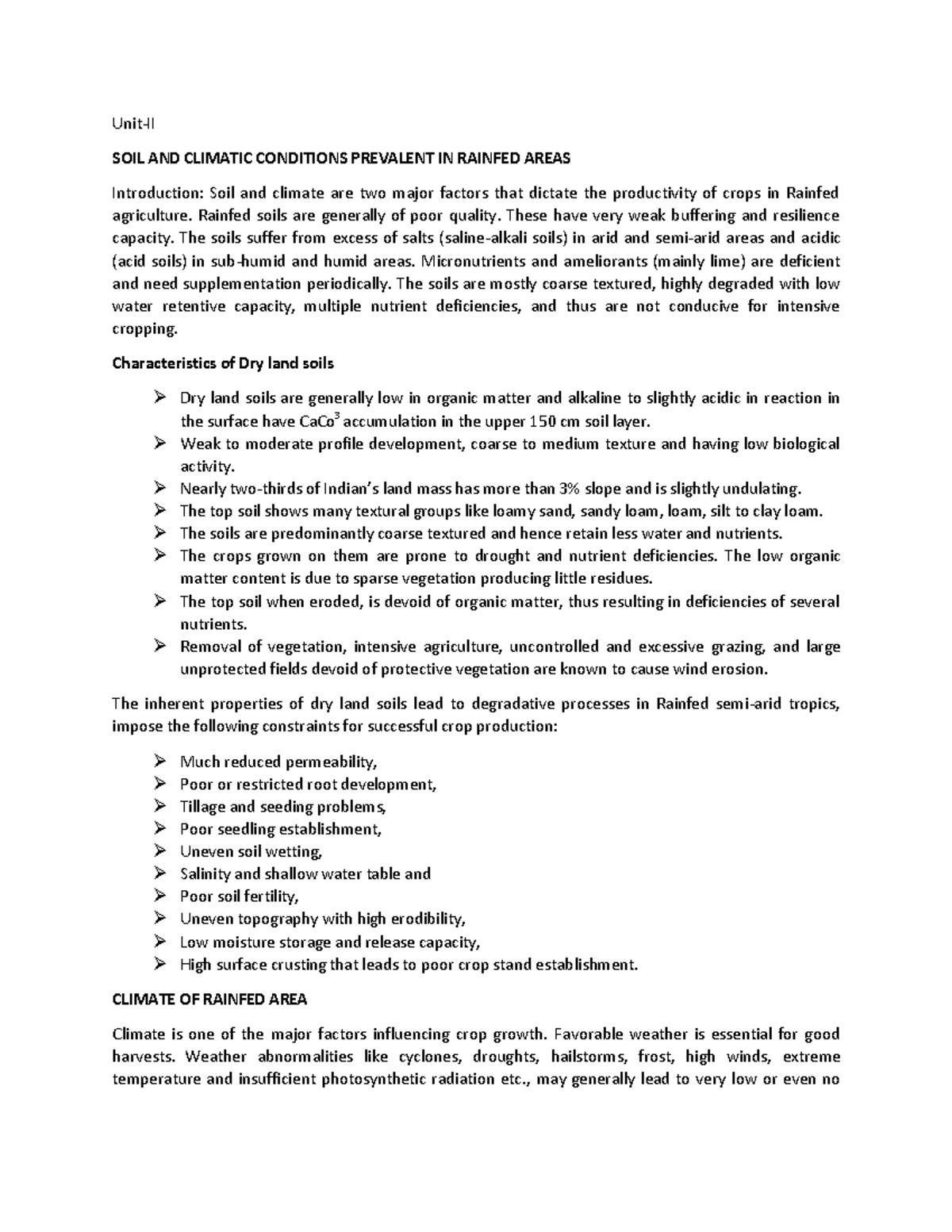 SOIL & CLIMATE IN RAINFED AREAS: Unit 2 Study Notes - Studocu