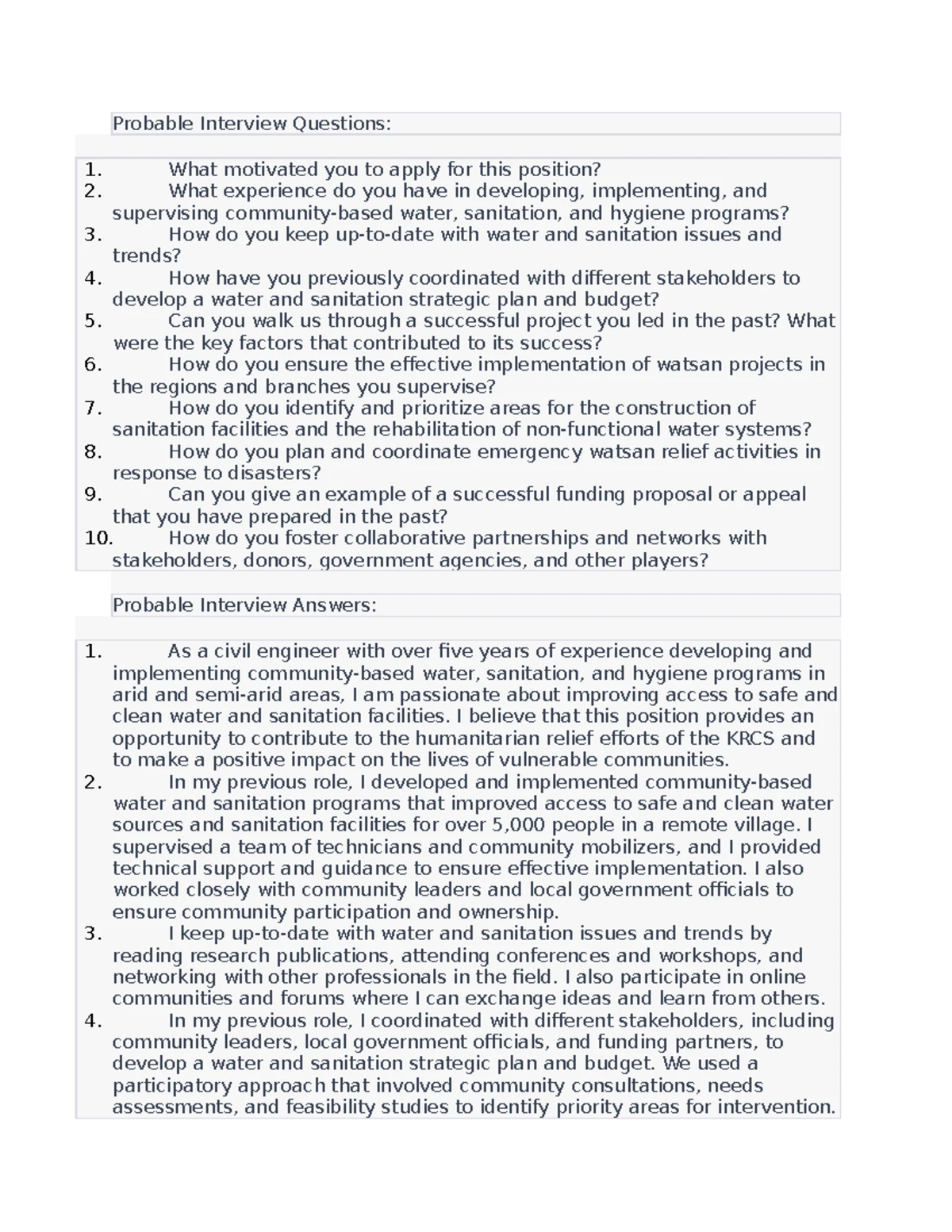 Probable Interview Questions WASH - Probable Interview Questions: What ...