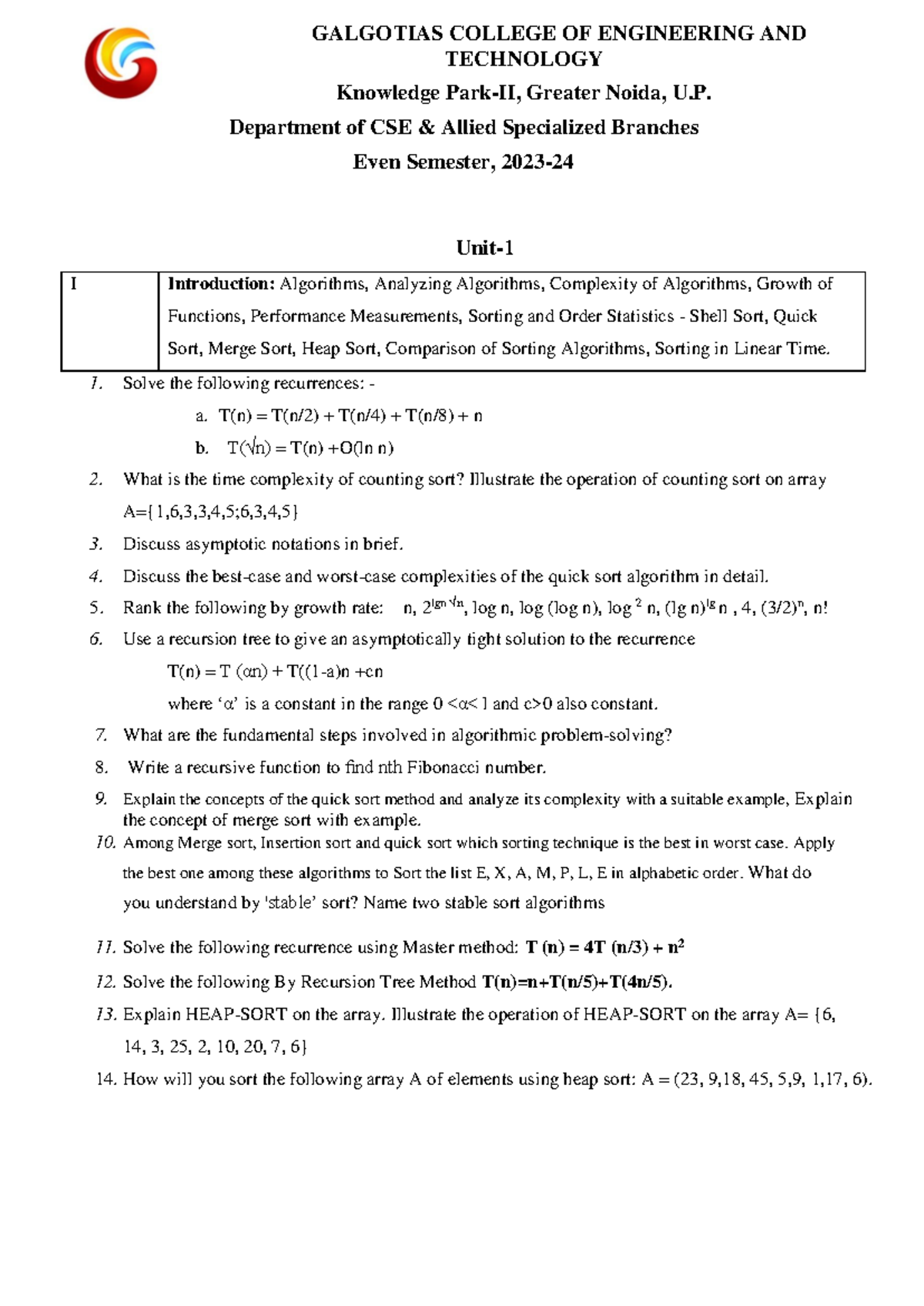 DAA (CSE) Even Sem 2023-24: Practice Problem Question Bank - Studocu