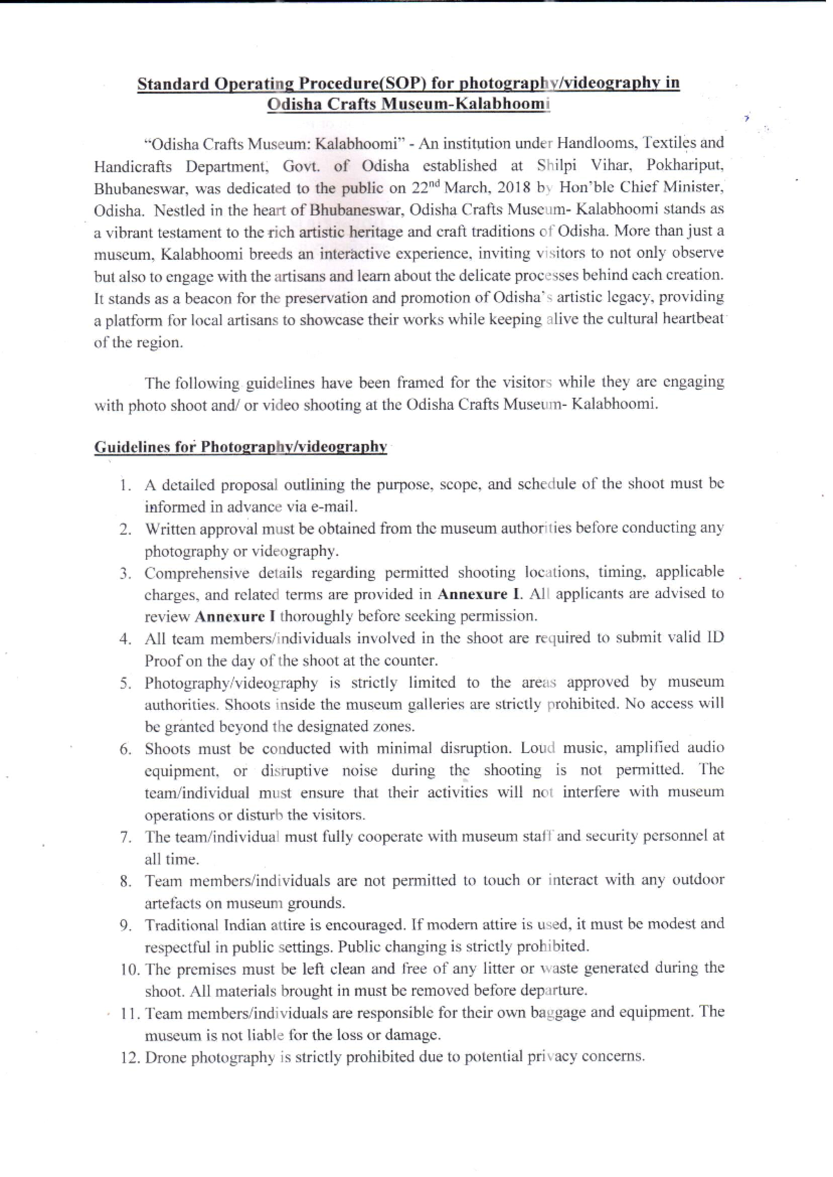 SOP for Photography & Videography at Odisha Crafts Museum - Studocu