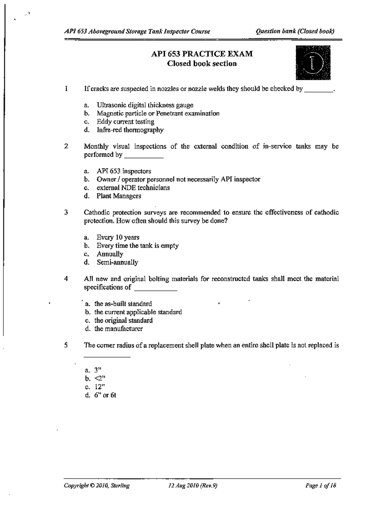 API 653 Practice Exam Questions for Aboveground Storage Tank Inspectors ...