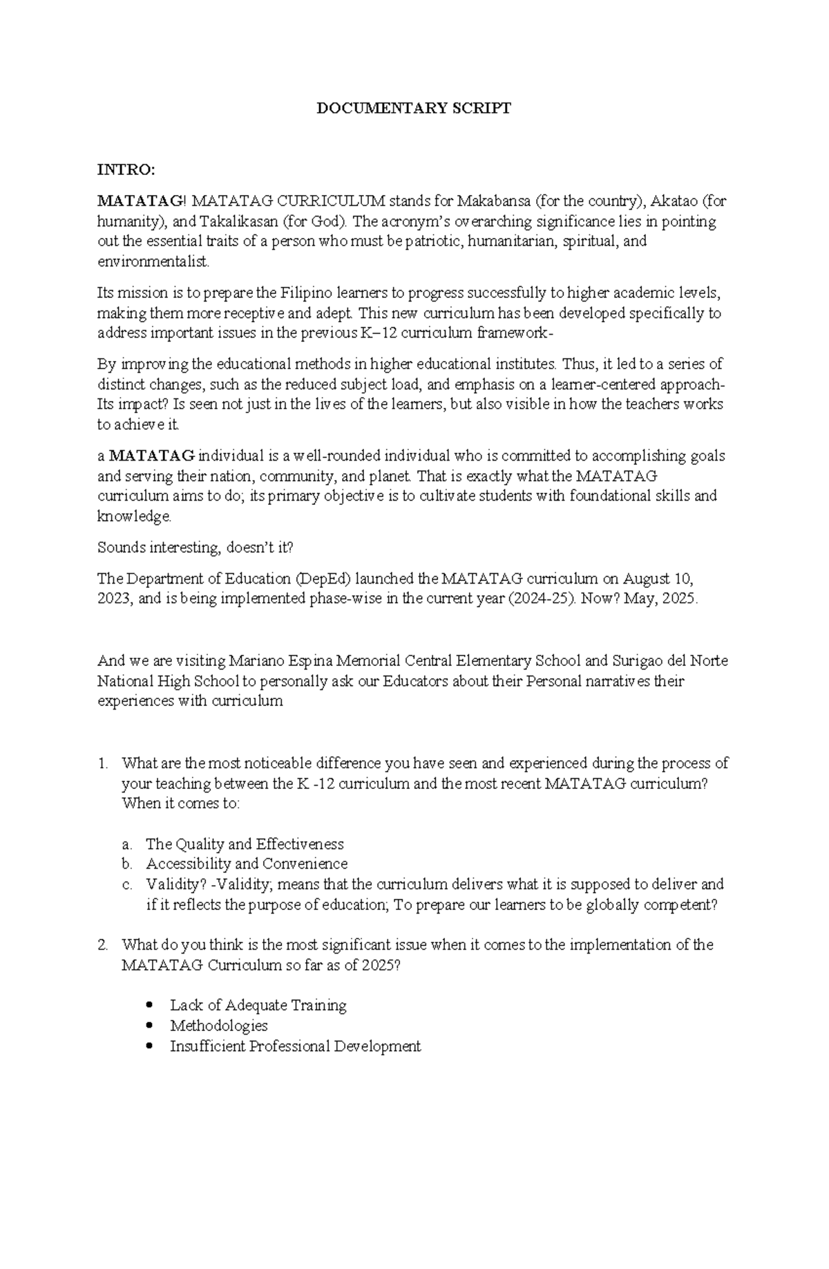 Documentary Script: MATATAG Curriculum Insights (SIR F) - Studocu