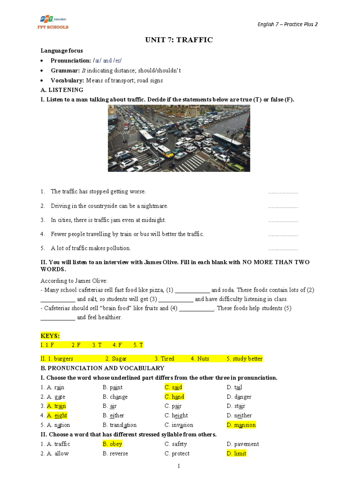 English 7 Practice Plus 2: UNIT 7 Traffic - Listening, Vocabulary, and ...