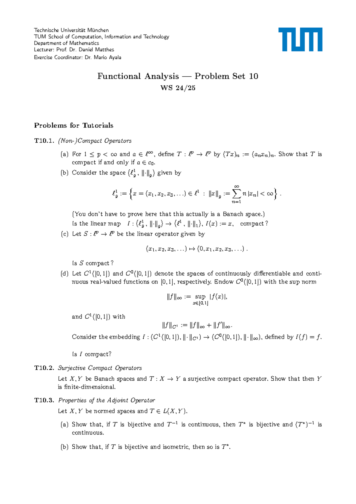 Problem Set 10: Functional Analysis - TUM Mathematics - Studocu