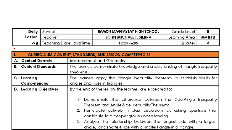 MATH 8 Daily Lesson Log: Triangle Inequalities (Sierra-2225) - Studocu