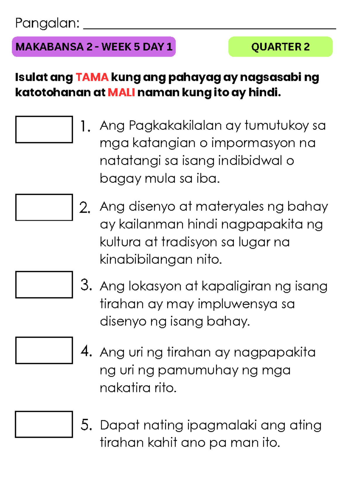 Makabansa 2 Q2 W5 - Assessment Activities and Performance Tasks - Studocu