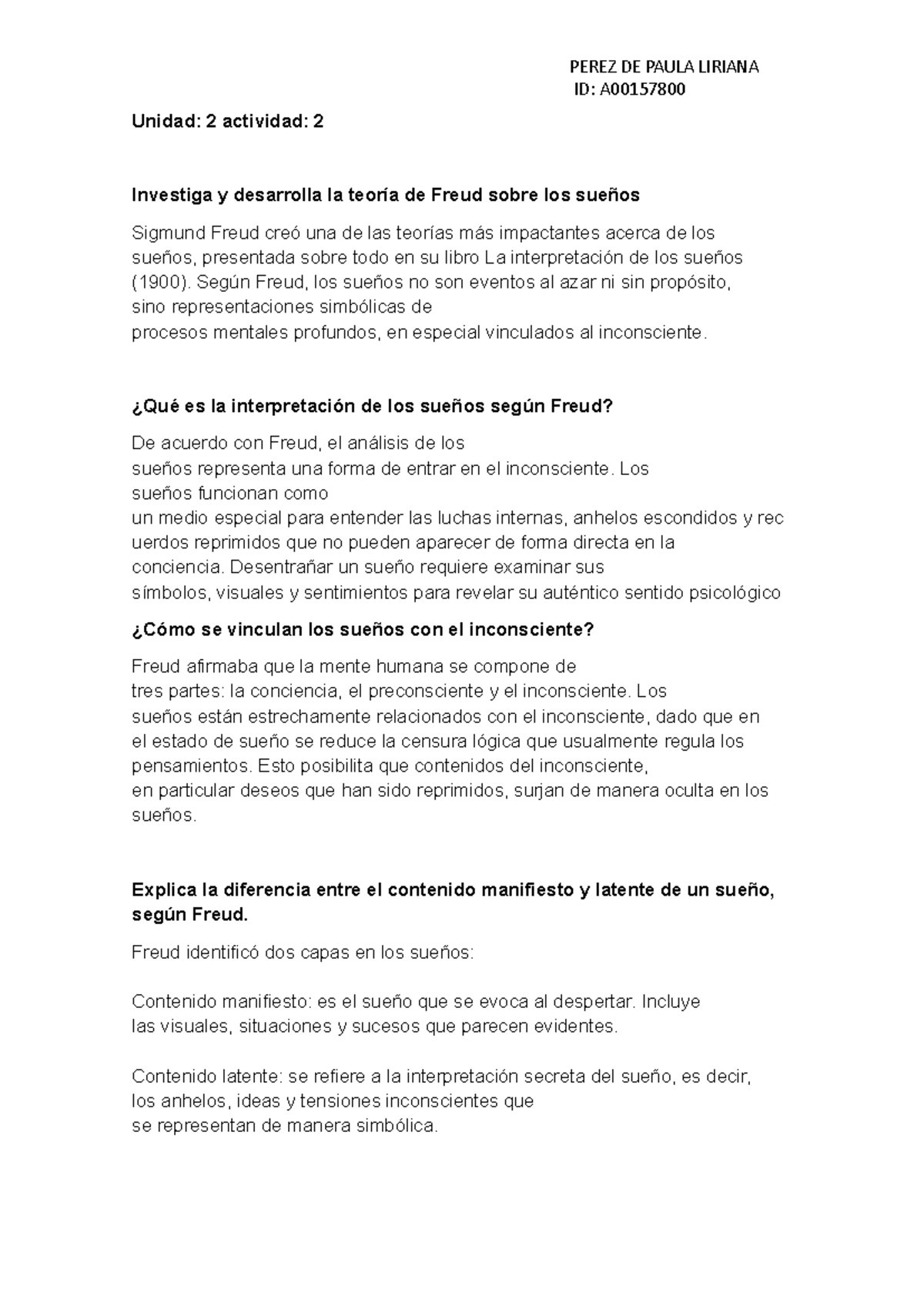 Teoría de los Sueños de Freud - Unidad 2 Actividad 2 - Studocu