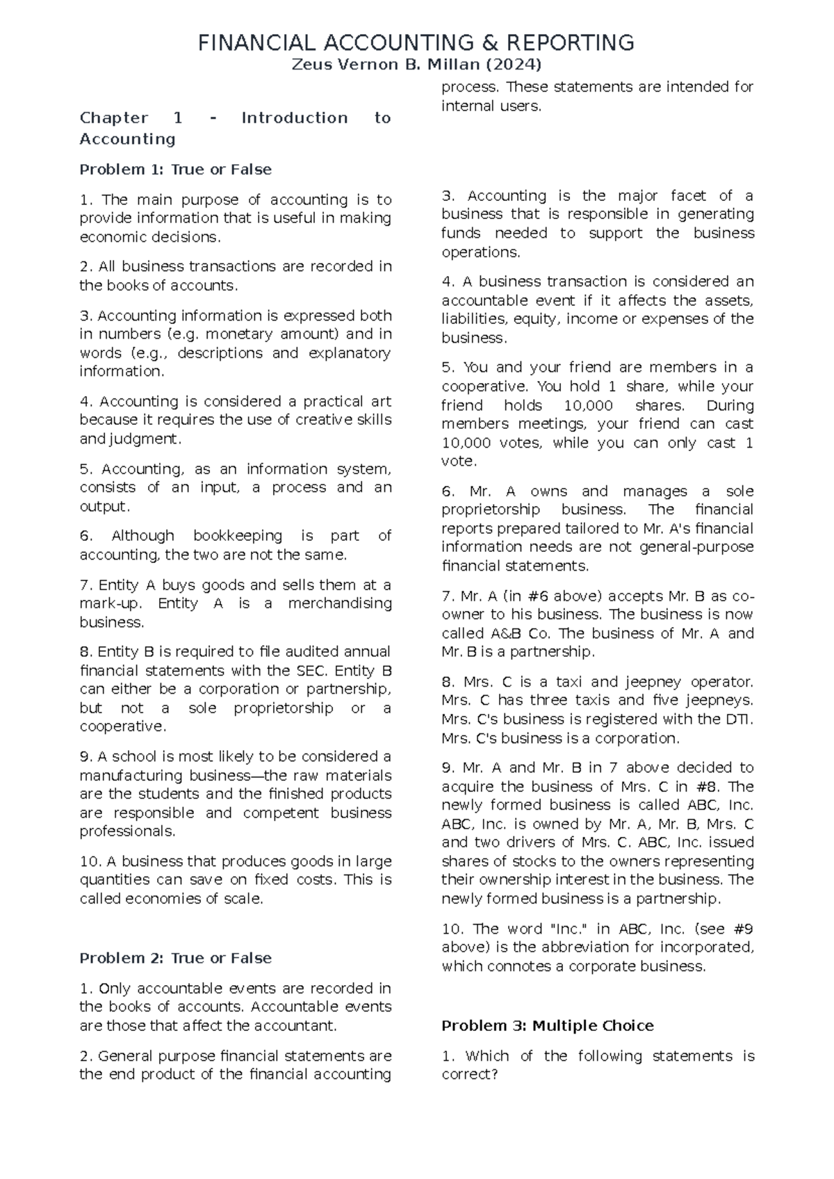 FAR - Chapter 1 & 2 Accounting Concepts and Principles Problems - Studocu