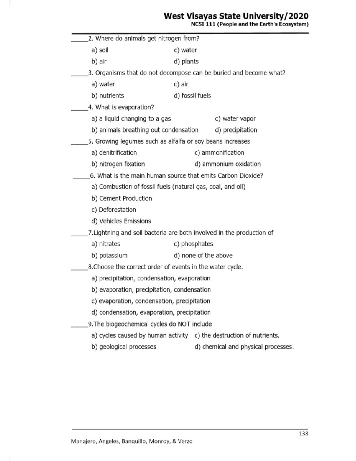 NSCI 111 - Ecosystem Quiz Notes: Nitrogen, Evaporation & Cycles - Studocu