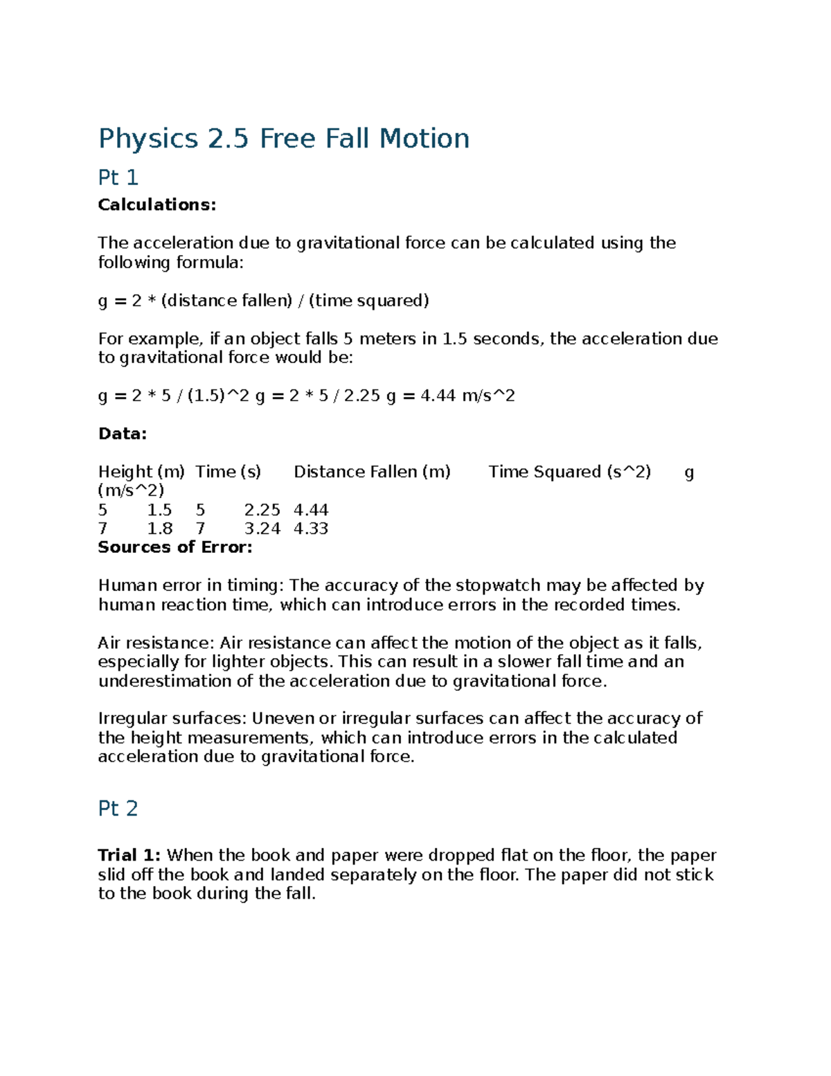 Physics 2 - 02.05 Free Fall Motion Lab: Calculations & Errors - Studocu