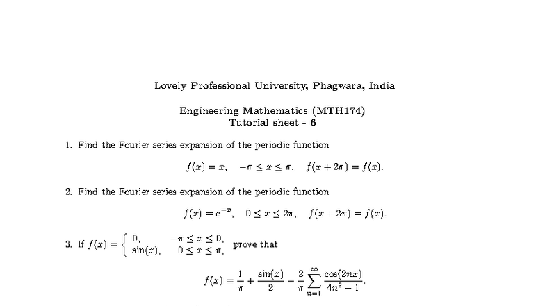 Fourier Series Tutorial Sheet (MTH174) - LPU 251202 104312 - Studocu