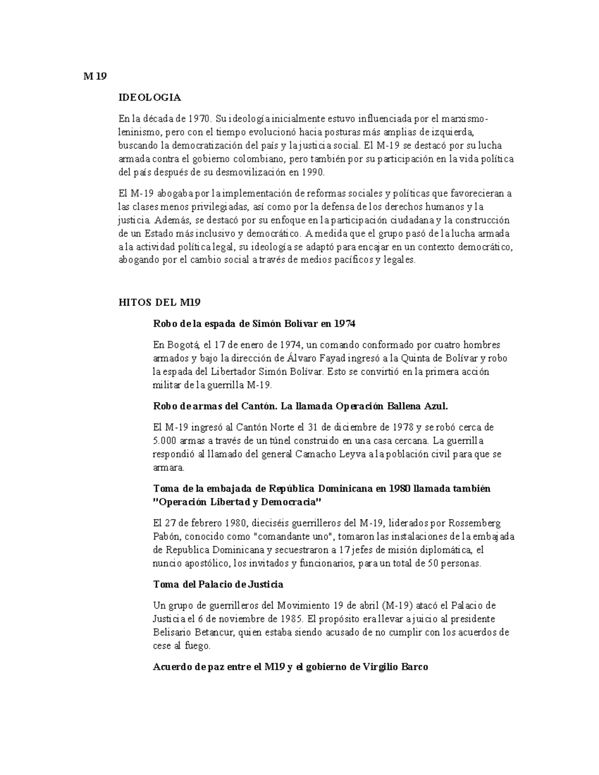 M19 - Ideología y Hitos Clave de la Guerrilla Colombiana - Studocu