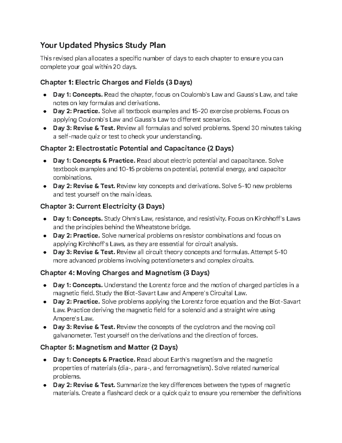 Physics Study Plan: 20-Day Review for Success - Studocu