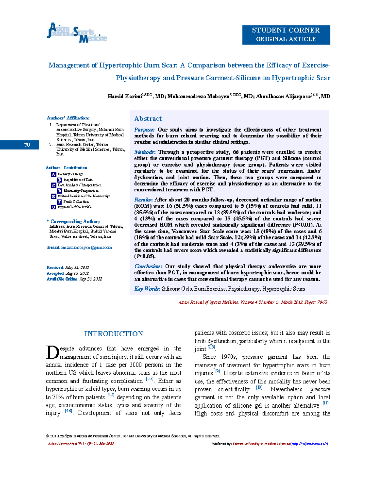 Management of Hypertrophic Burn Scars: Exercise vs. Pressure Therapy ...