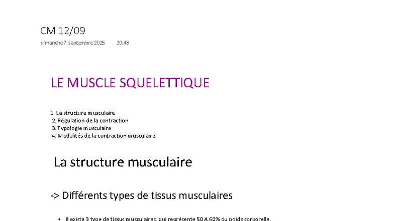 CM1 - Cours sur le Muscle Squelettique et sa Structure - Studocu