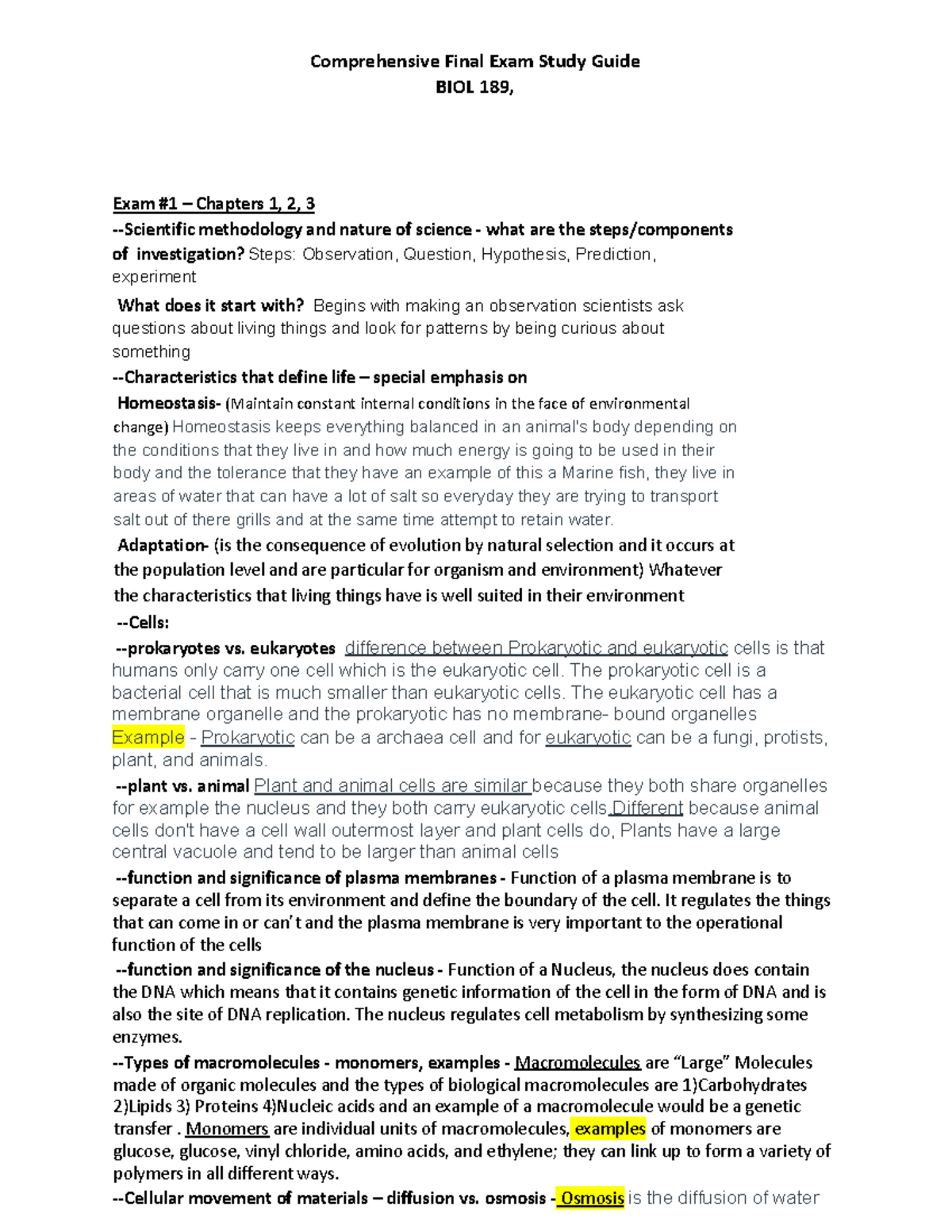 BIOL 189 Final Exam Study Guide - Comprehensive Final Exam Study Guide BIOL 189, Exam #1 ...