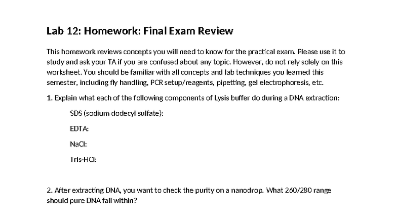 Lab 12: Final Exam Review Homework for DNA Extraction & PCR - Studocu
