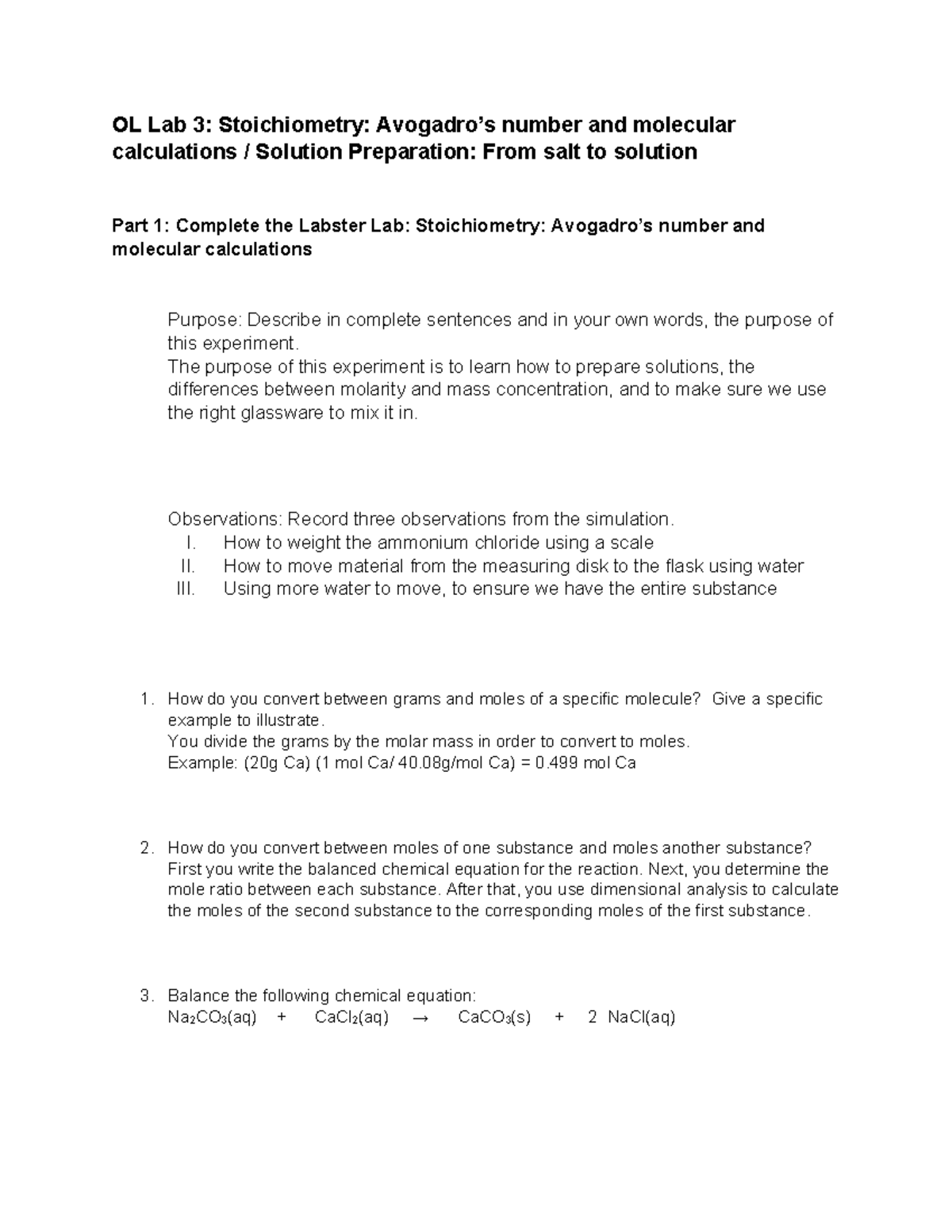 CHEM120 - Week 3 Lab: Stoichiometry & Solution Prep Insights - Studocu