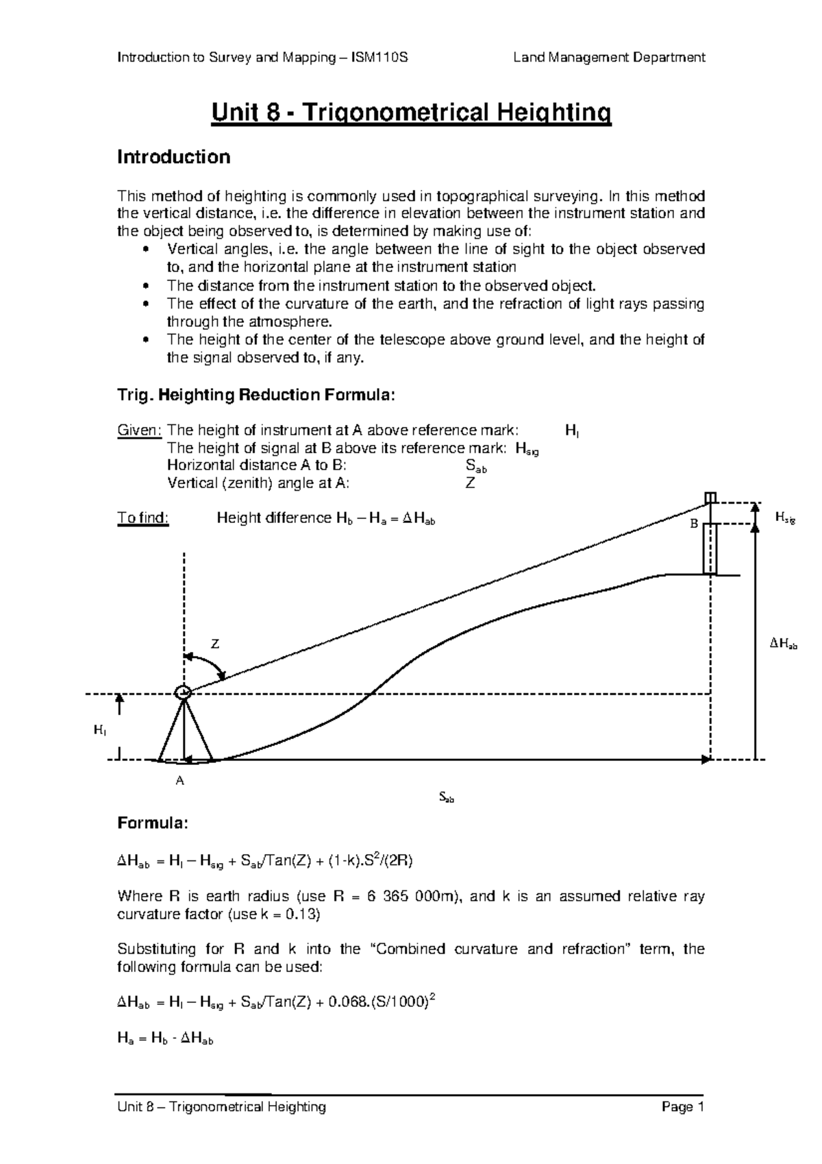 ISM110S Unit 8: Trigonometrical Heighting in Surveying & Mapping - Studocu
