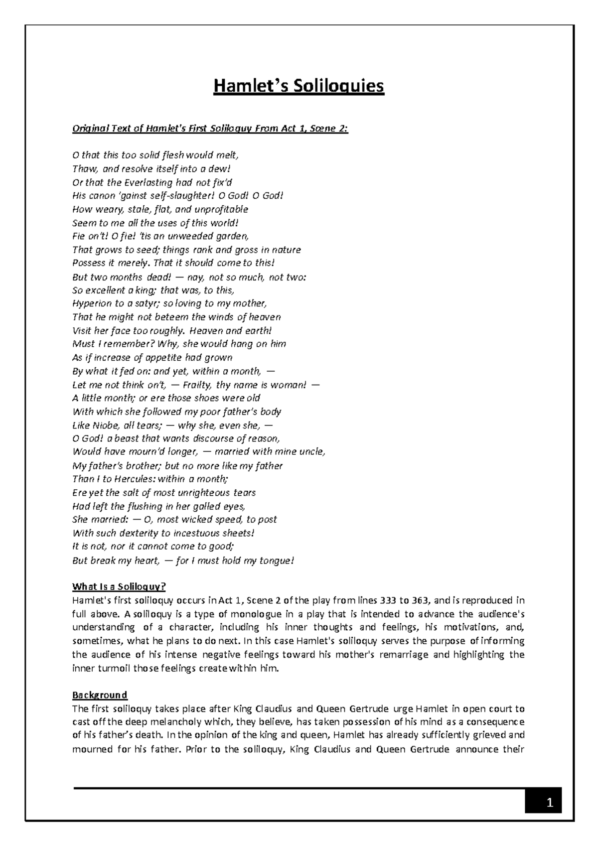 Hamlet Soliloquy Notes: Analysis of Key Passages from Act 1 to Act 3 ...