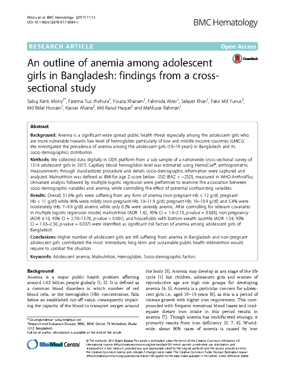 Anemia Among Adolescent Girls in Bangladesh: A Study Overview (BMC ...