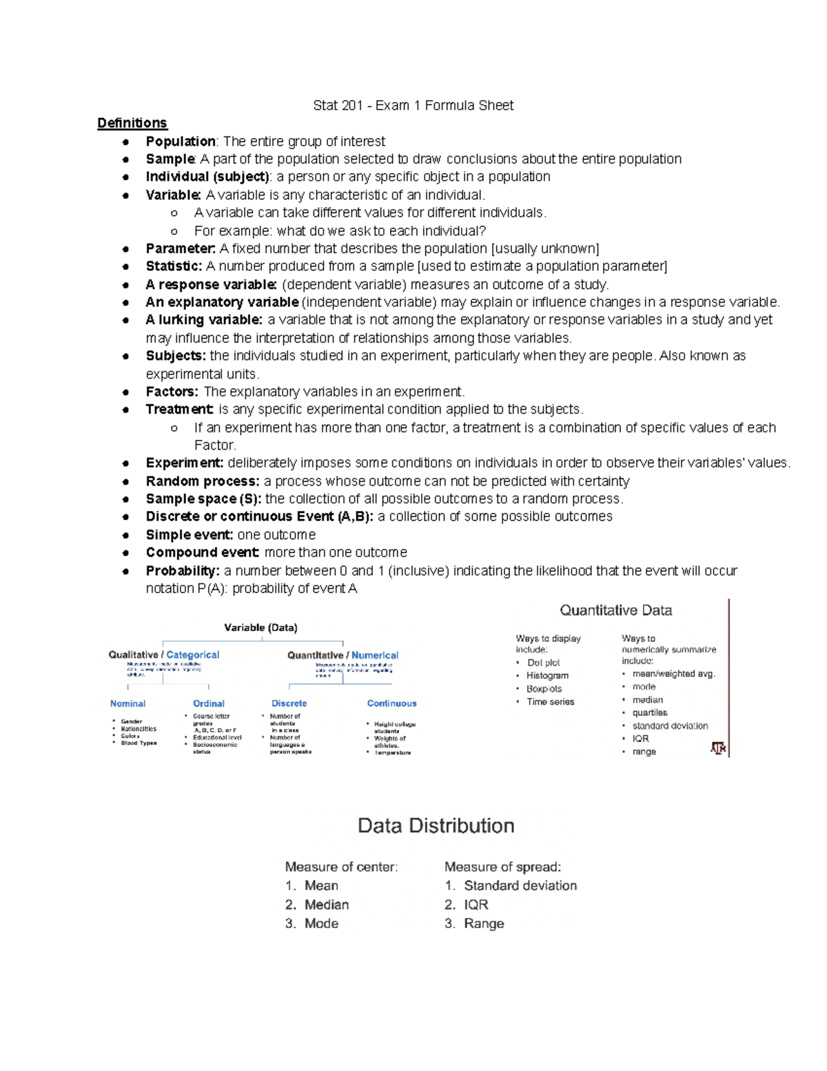 Stat 201 - Exam 1 Formula Sheet - Stat 201 - Exam 1 Formula Sheet Definitions Population : The ...