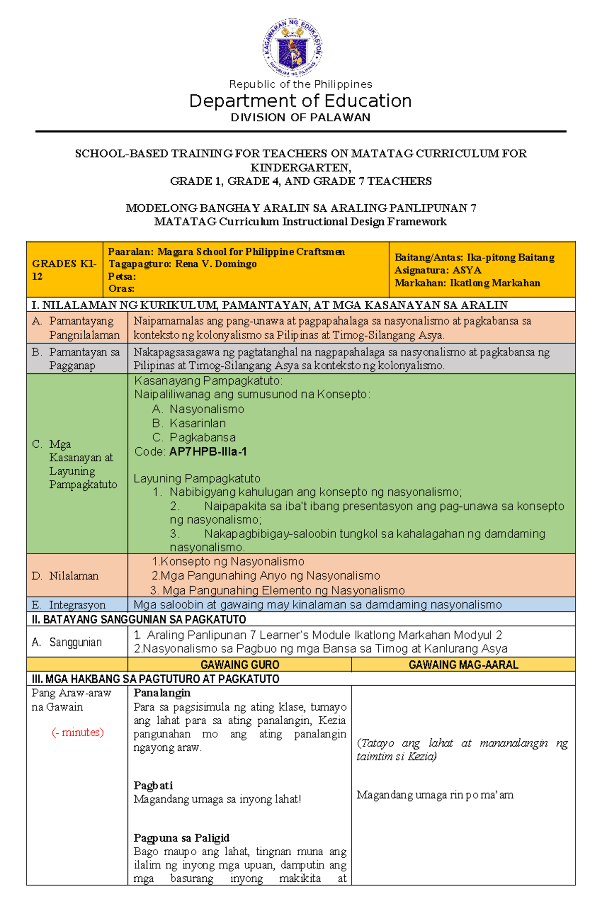 Matatag DLP domingo - Department of Education DIVISION OF PALAWAN ...