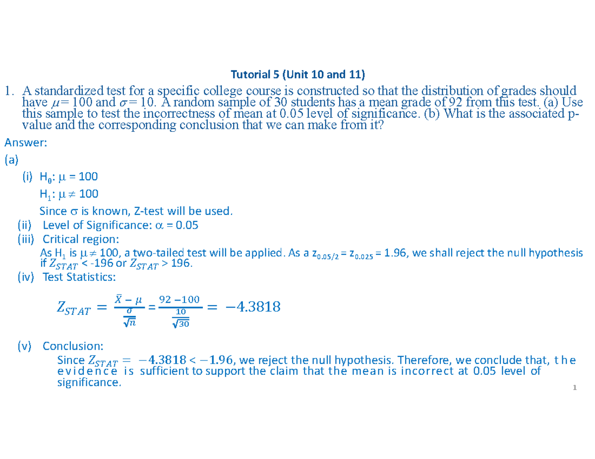 Tutorial 5 (Unit 10 and 11) - Statistical Tests and Conclusions - Studocu