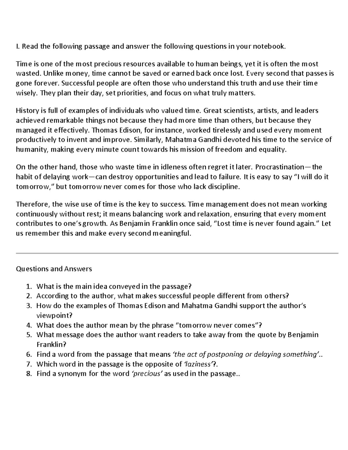 English Comprehension: Time Management Insights and Questions - Studocu