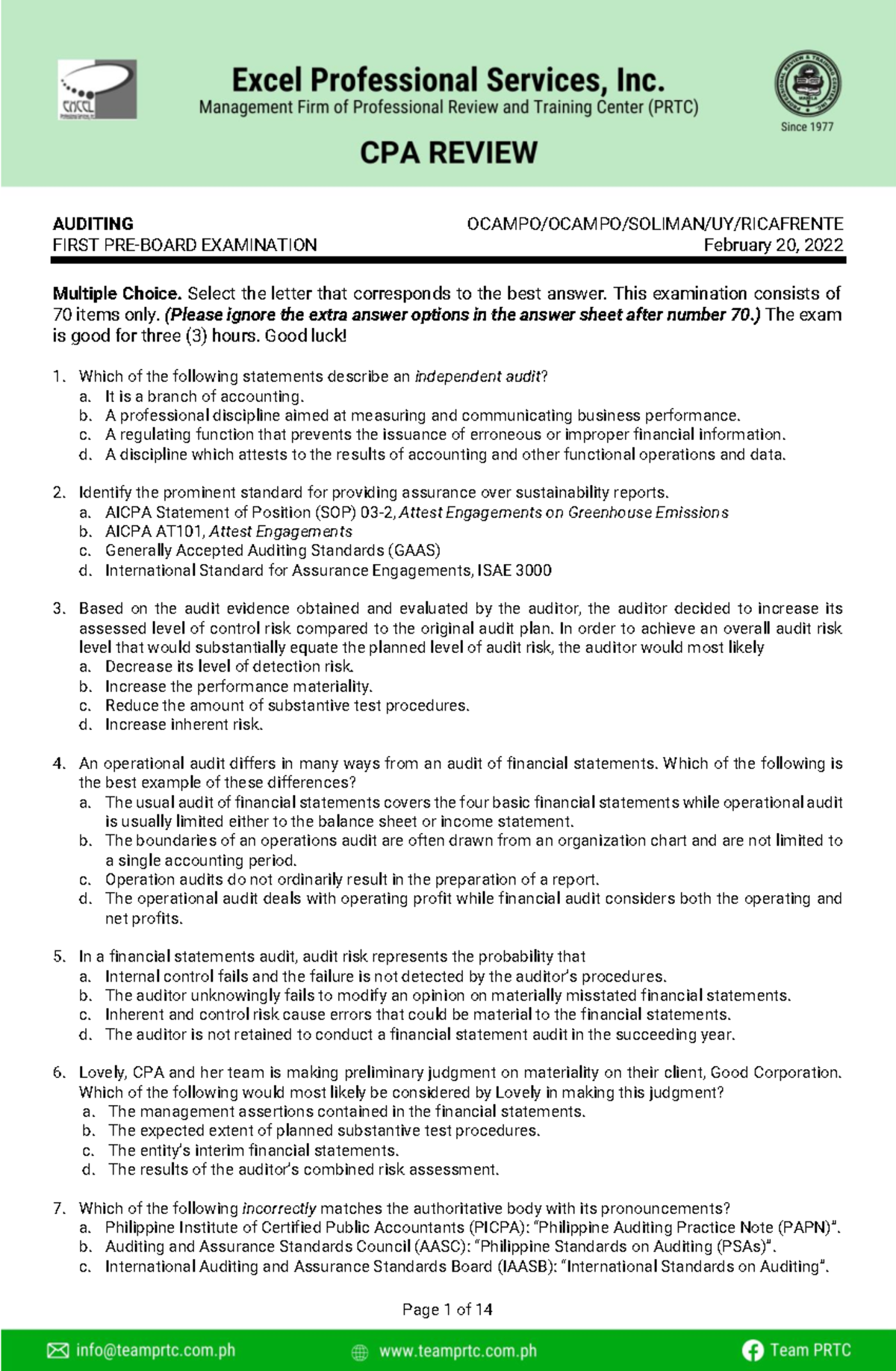 PRTC AUD-1st PB 05 - Final Exam Review: Audit Problems & Solutions ...