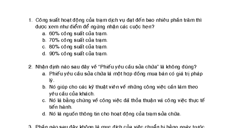 Câu hỏi ôn tập - CVDV: Đánh giá hoạt động dịch vụ và nhu cầu khách hàng ...