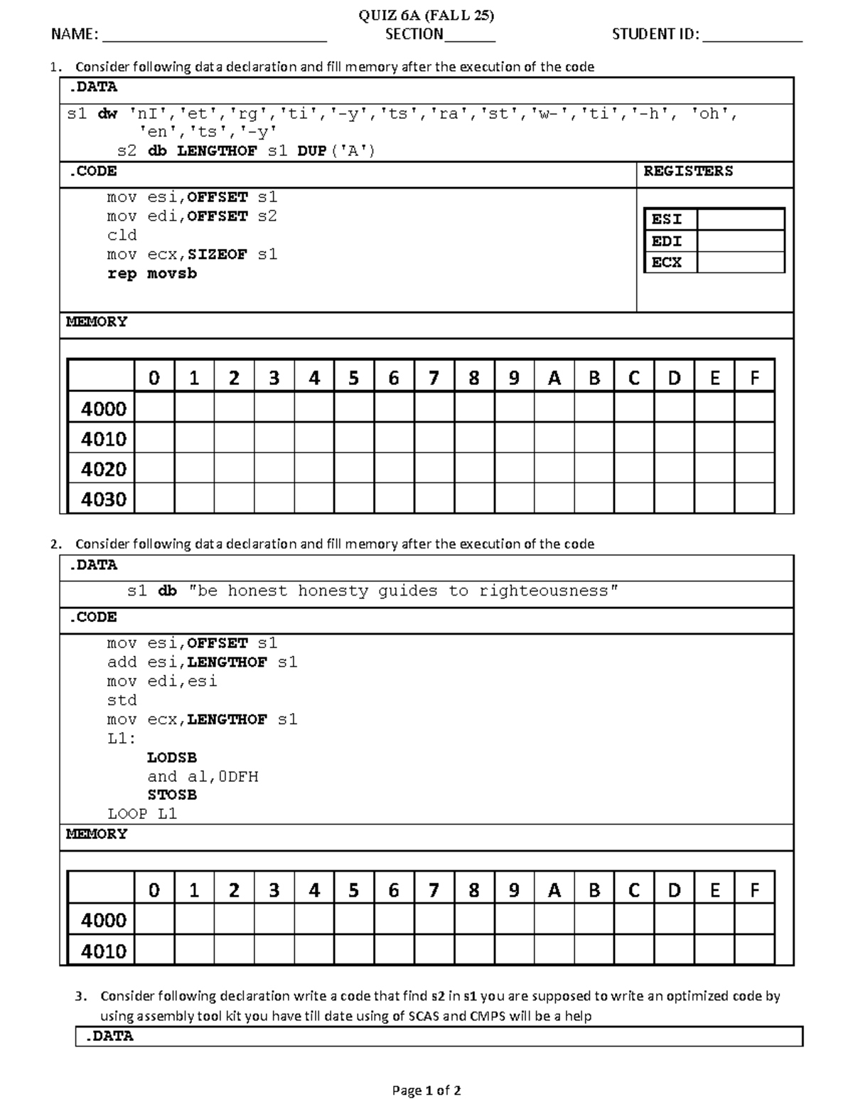 Quiz 6A (FALL 25): Assembly Code Memory Management - Studocu