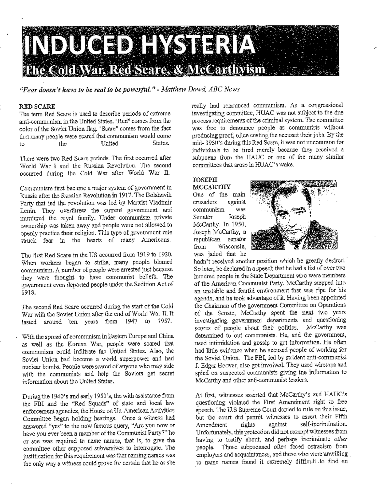 INDUCED HYSTERIA: The Red Scare & McCarthyism in the Cold War Era - Studocu