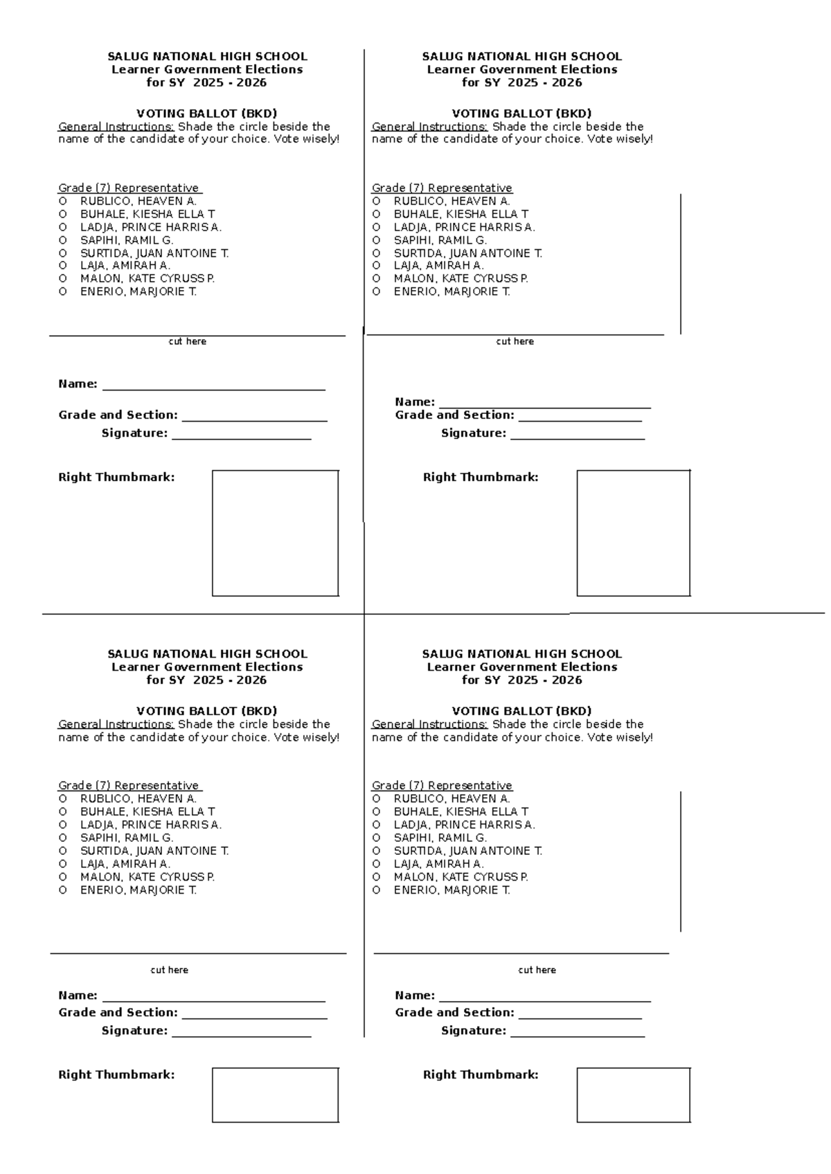SALUG NATIONAL HIGH SCHOOL G7 Learner Government Election Ballots 2025 ...
